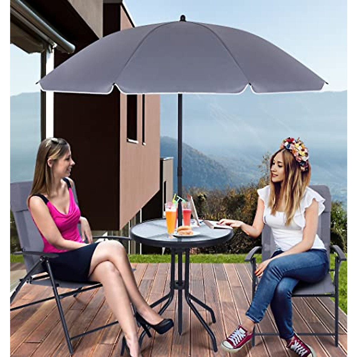 JOYTIO 4 Piece Patio Dining Set, Outdoor Garden Furniture Bistro Set with Tilted Removable Umbrella, 2 Folding Chairs, and Round Glass Table (Grey)