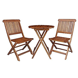 BTEXPERT BC5177 Backyard Balcony Deck Furniture 3 Piece Round Coffee Folding Table 2 Chairs Patio Wood Bistro Set, Acacia Brown
