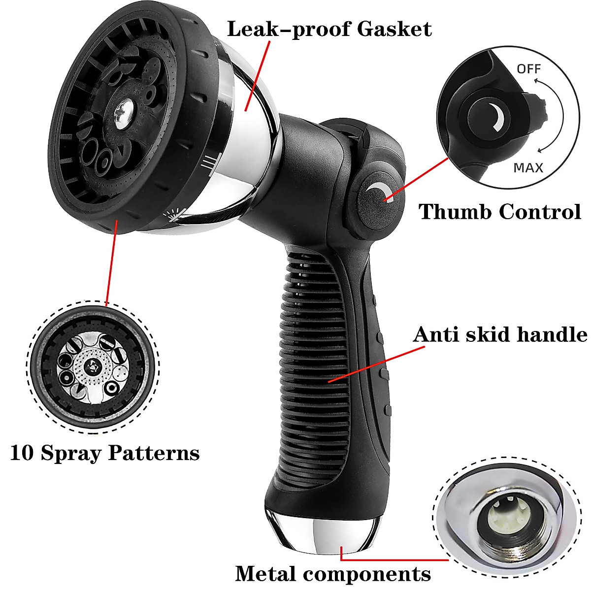 Garden Hose Nozzle Spray Nozzle,10 Hose Metal Duty Watering Patterns Thumb Control On Off Valve, High Pressure Nozzle Sprayer for Watering Plants, Car Wash,Cleaning,Showering Pets Blue