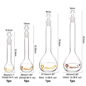 OLYCRAFT 4pcs Volumetric Flask 10ml/25ml/50ml/100ml Volumetric Flask Set with Glass Cap Durability & Chemical Resistance Glass Bottle for Laboratory Project