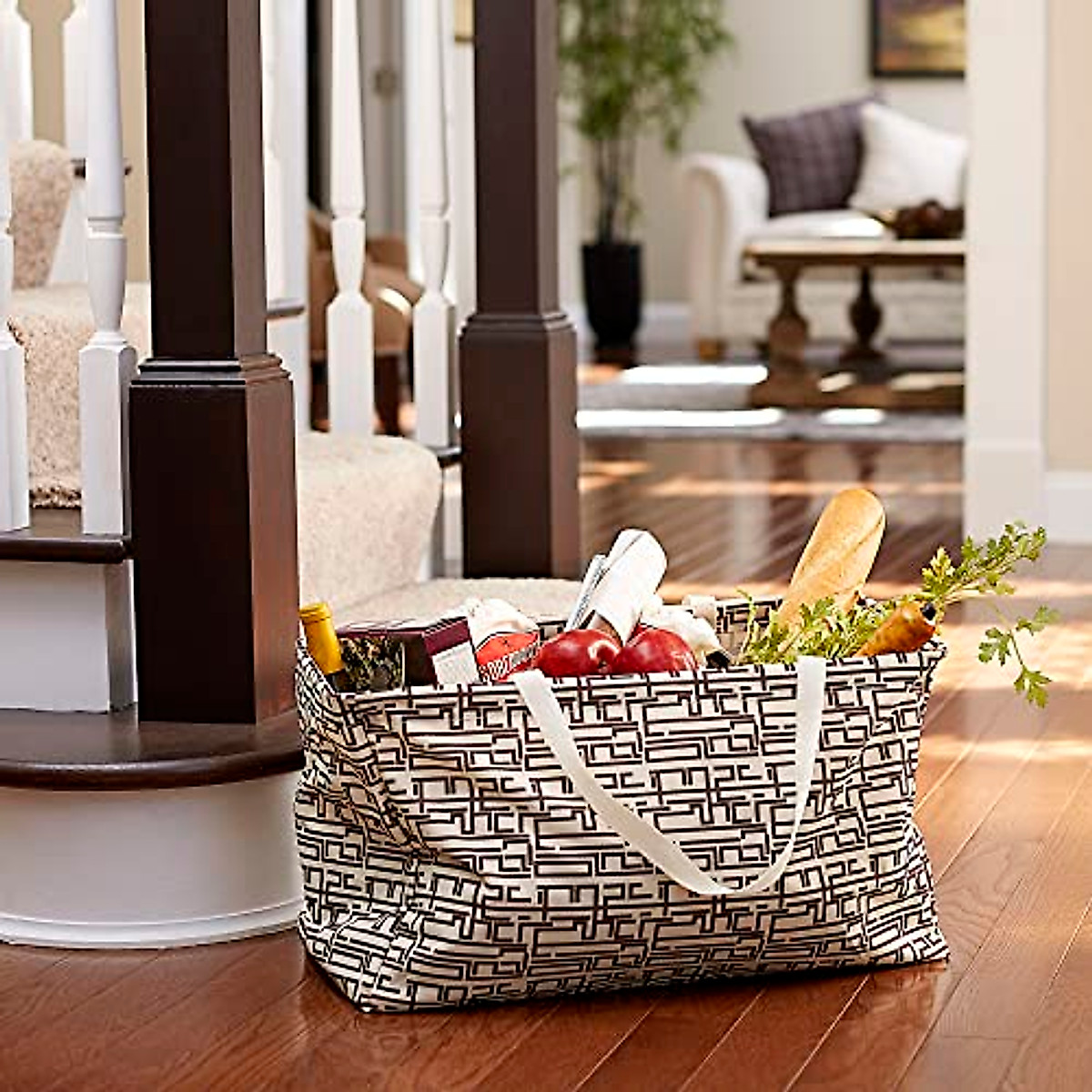 Household Essentials Canvas Utility Tote with Handles, Rectangular Krush Tote, Water-Resistant Vinyl Lining, Large Capacity, Durable and Versatile, Tan Geometric Pattern