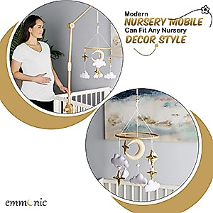 Handmade Baby Mobile for Crib - Modern Boho Baby Mobile - Nursery Mobile for Girl or Boy - White Clouds - Gold Stars - Beige Moon