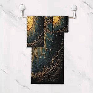 Flradish Sun and Moon Towels 3 Pack Bath Towels for Bathroom Set Soft Cotton Highly Absorbent Lightweight & Quickdry Towel Set 1 Bath Towel,1 Hand Towel,1 Washclothe