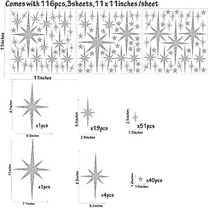 Retro Starburst Mirror Wall Decals Silver 3D Acrylic Sparkle Wall Decors Star Wall Stickers Removable Star Decals Home Wall Decors(123pcs)