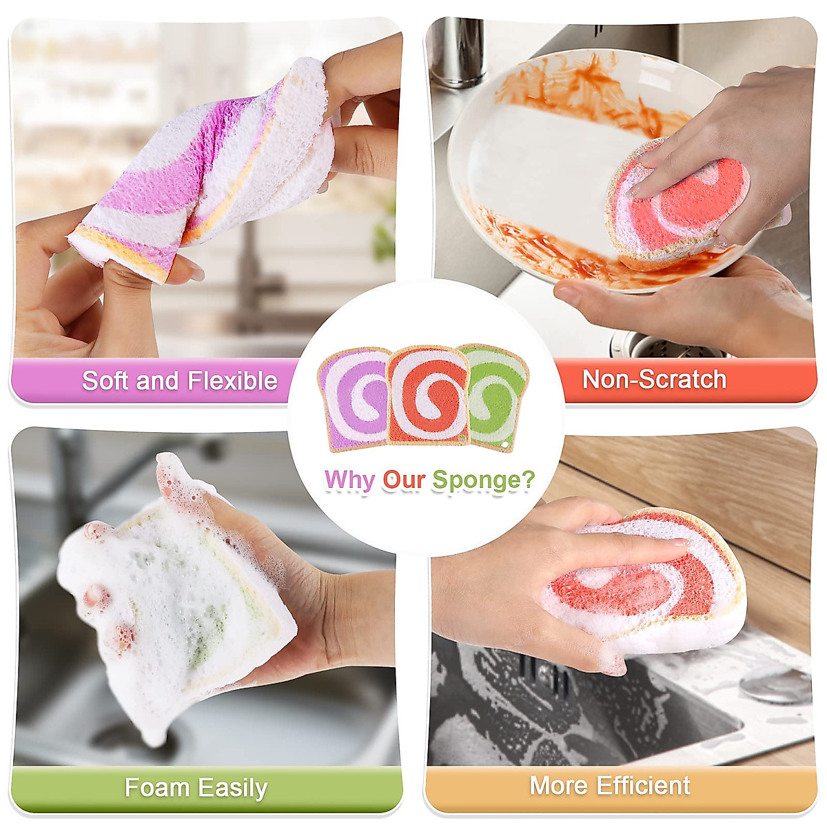 6-Count Toast Shaped Kitchen Sponges for Scratch-Free Dishwashing and Cleaning, Cute and Biodegradable, 40% Larger Compressed Cellulose Sponges, Eco Pop Up Natural Dish Sponges by NECAMOCU