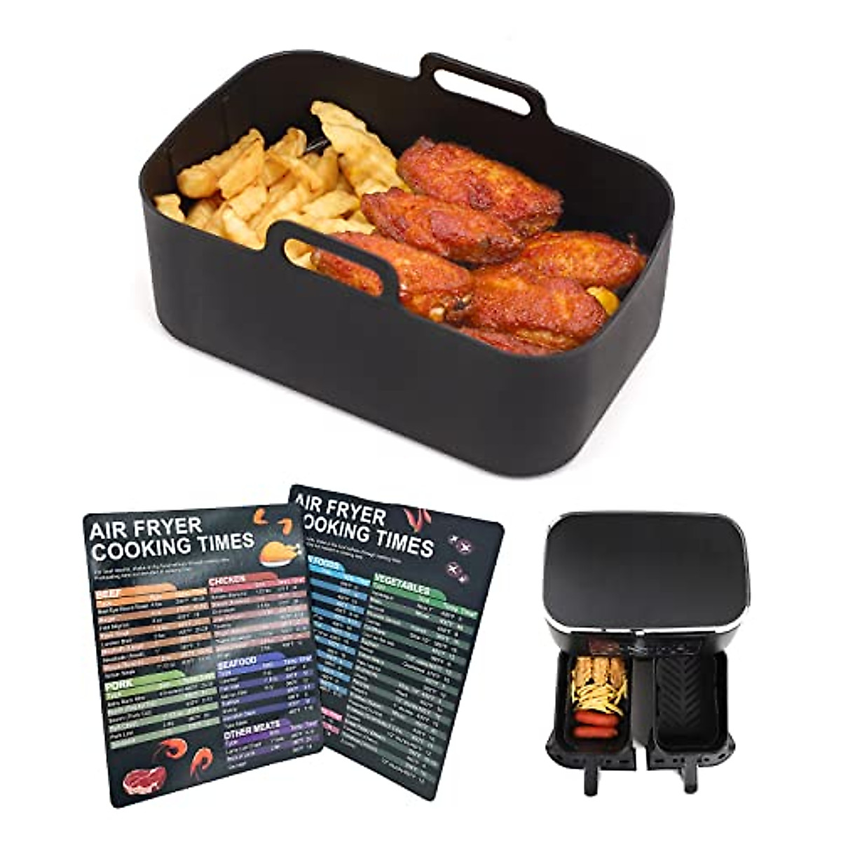 KINLYBO Air Fryer Silicone Pot and Magnetic Cheat Sheet Set for Ninja Foodi Dual, Reusable Silicone Air fryer Liner Baking Tray Basket, Air Fryer Accessories Cook Times