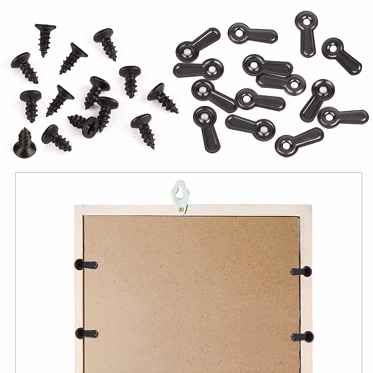 300 Picture Turn Button Fasteners Photo Frame Hardware and 300 Screws for Craft, Hanging, Drawing, Black
