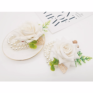 BASIMAN White rose Wrist corsage for wedding best maid decoration, Boutonnieres, Bridesmaid Corsage Bracelet, Bridal Accessories, Prom, Bridal Shower (6Pcs White Wrist Corsage)