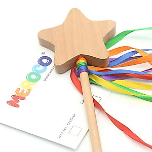 MEROCO Fairy Wand with Star Embellished Ribbons Ribbon Star Wand Wooden Star Magic Wand Montessori Toys Waldorf Toys for 3 4 5 Year Old