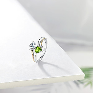 Gem Stone King 925 Silver 10K Yellow Gold Green Peridot and Moissanite 2 Tone 2 Heart Women Engagement Mother Ring (0.94 Cttw, Heart Shape 5MM) (Size 6)