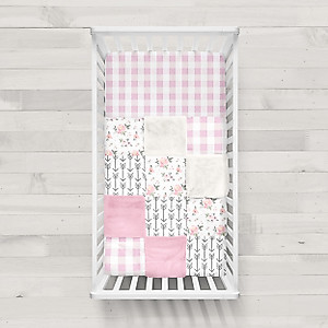 JLIKA Crib Bedding Sets for Girls - 3 Piece Floral Pink Plaid Set for Baby Girl Nursery Decor | Quilt Blanket, Crib Sheet, Skirt | Flowers Arrow Buffalo Plaid (Pink Floral Collection) (Pink Floral)