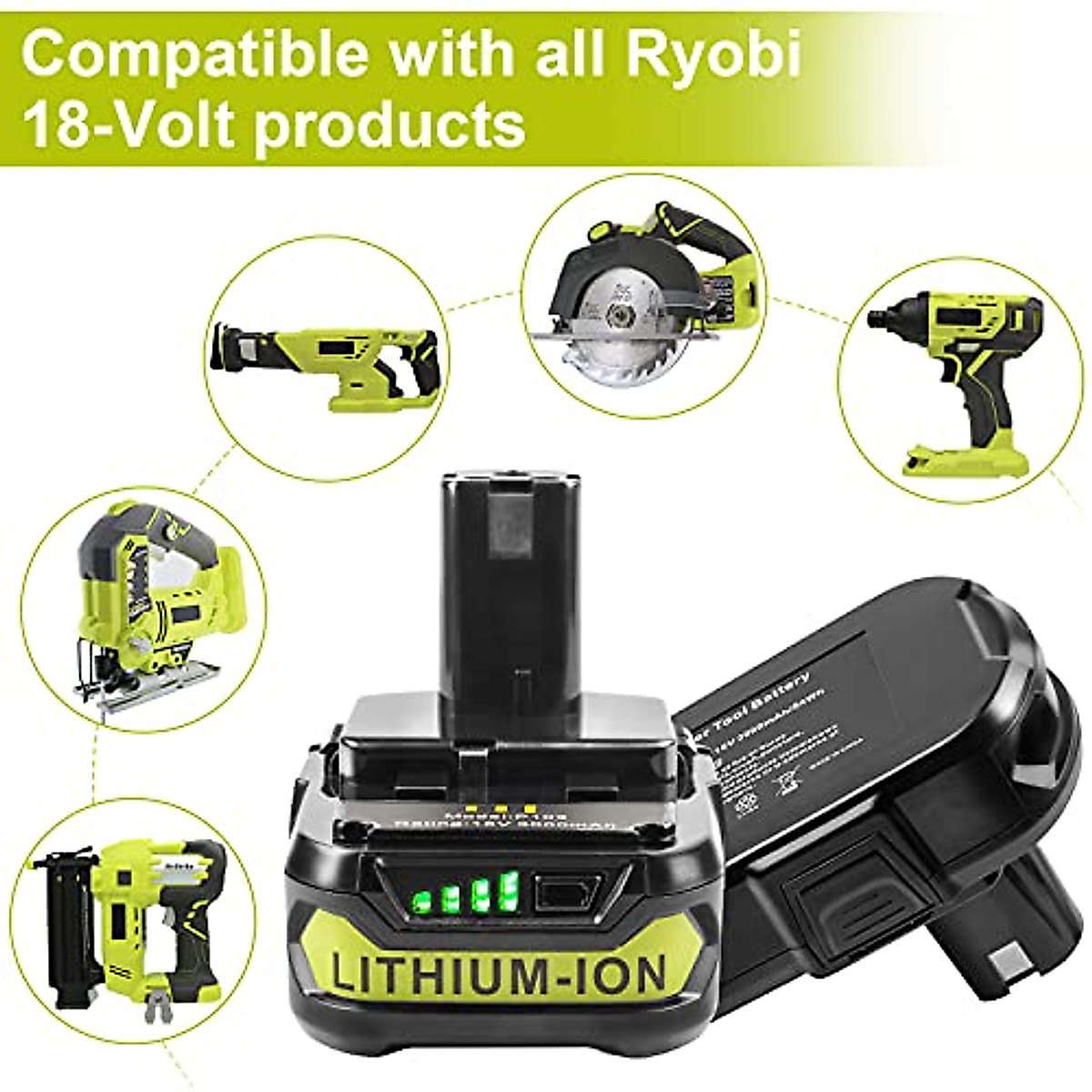 ARyee 3000mAh P102 18V Lithium Battery Replacement for 18Volt Ryobi Tools ONE+ P100 P103 P104 P105 P107 P108 P109 P190 (2)