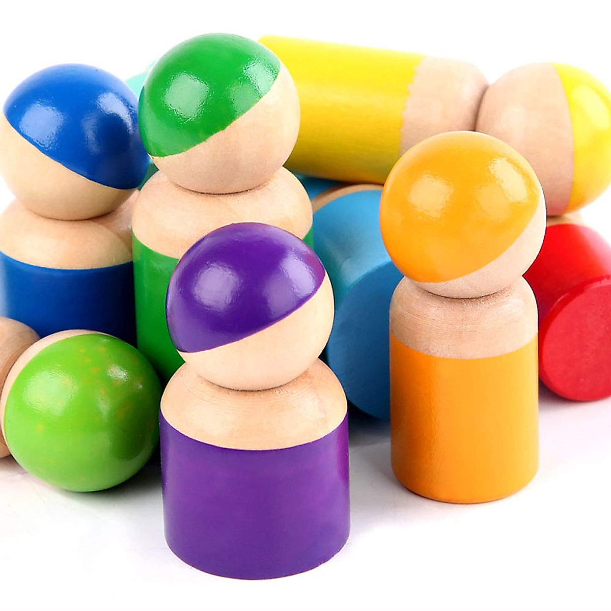 Xylolin Montessori Toys for Toddlers, Wooden Rainbow Peg Dolls Shapes Sorting Toys, 9 Wood People Figures Cylinder Blocks, Preschool Learning Educational Toys Pretend Play for Kids