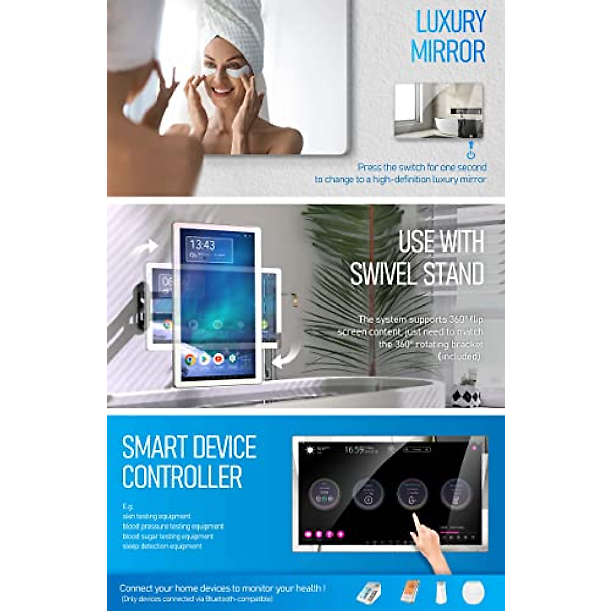 IP66 Waterproof Touch Screen Mirror TV for Bathroom Shower With Swivel Bracket For Wall Mount, Support 360° Rotation 500 nits High Brightness Full HD 1080P LED Built-in Android OS WiFi/LAN/USB/BT/HDMI