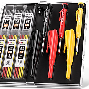Nicpro 3 Pack Carpenter Pencil with Sharpener & Cap, Mechanical Carpenter Pencils with 39 Refills (Red, Black, Yellow), Deep Hole Marker Construction Heavy Duty Woodworking Pencils - With Case