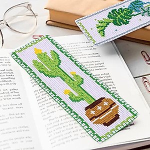 Caydo 3 PCS Cross Stitch Bookmark Kits, Stamped Embroidery Bookmark Kit for Kids Adults Beginner, DIY Counted Crossstitch Christmas Gift for Book Lovers(Green Plants)