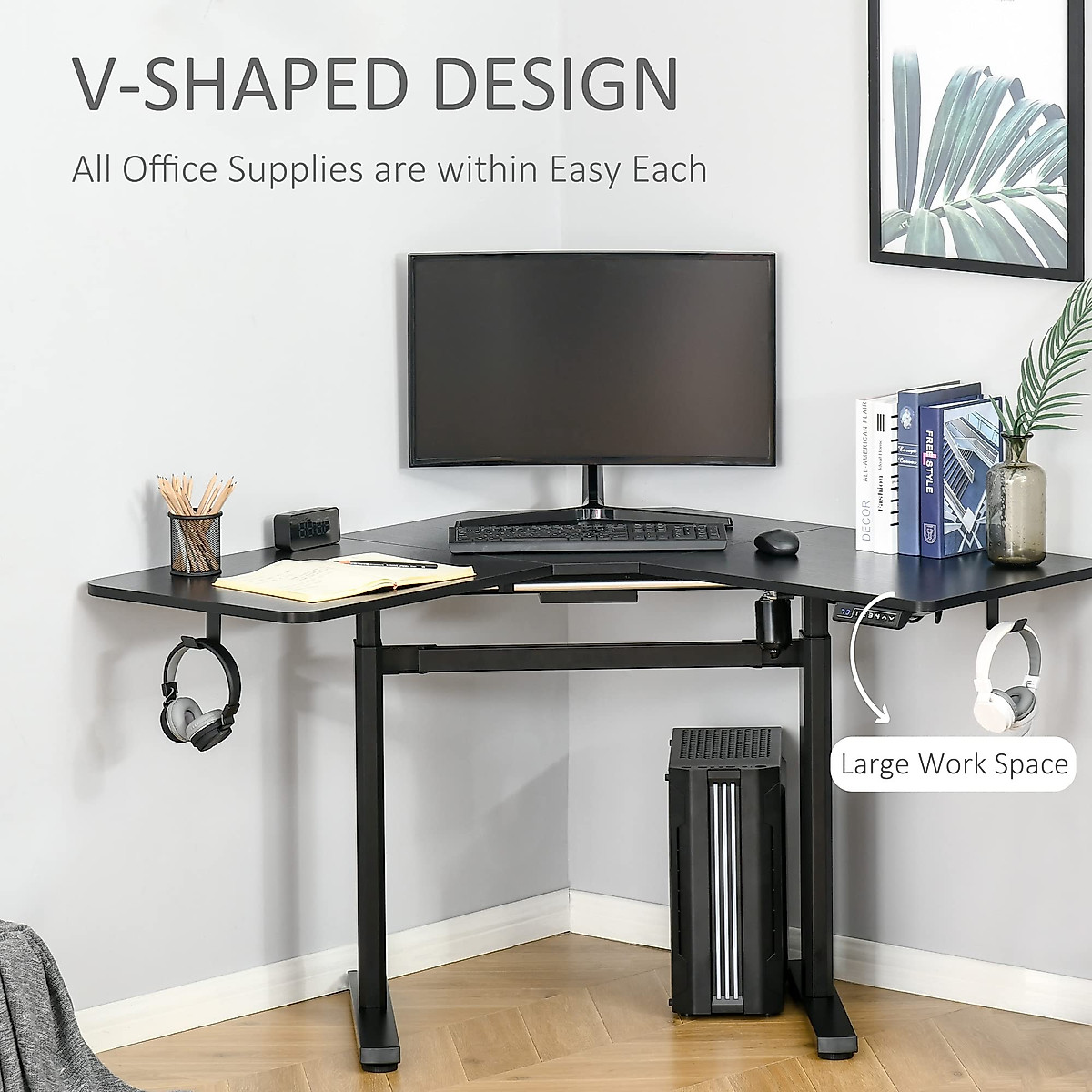 Vinsetto 65.75" Adjustable Height Standing Desk, V-Shaped Computer Desk Workstation for Home, Office, Black