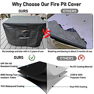 QH.HOME Fire Pit Cover Square Super Waterproof, 44" L x 44" W x 24" H Outdoor Firepit Table Cover 600D Strong Tear Resistant, UPF 50+ Fire Pit Cover Fading Resistant for Square Fire Pit - Black