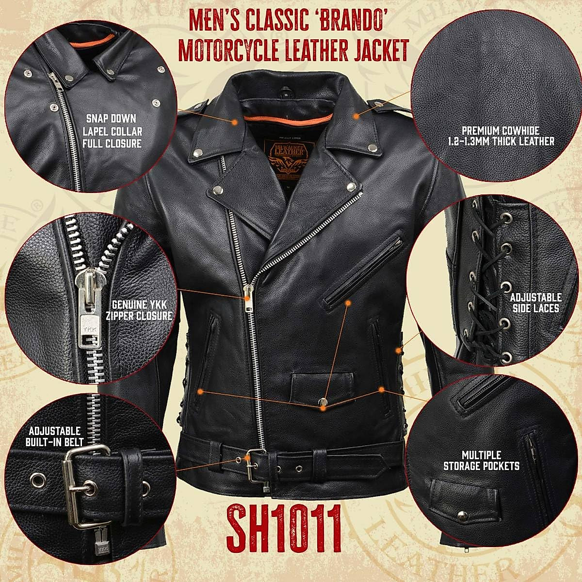 Milwaukee Leather SH1011 Black Classic Brando Motorcycle Jacket for Men Made of Cowhide Leather w/Side Lacing - Medium