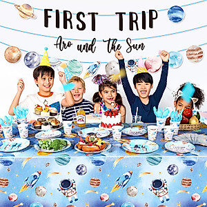 Pasimy 175 Pcs First Trip Around the Sun Birthday Party Supplies Outer Space 1st Birthday Decorations Plates Banner Napkins Tablecloth Solar System Galaxy Tableware Set Baby Shower Decor for 24 Guests