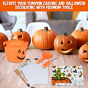 Halloween PumpKin Carving Party Kit – 8 Pcs Knives, Scoops, DIY Stencil Sheets, Gut Buckets & Table Cover – Heavy Duty Pumpkin Carving Kit for Halloween Door Decorations – Designed for 8 people