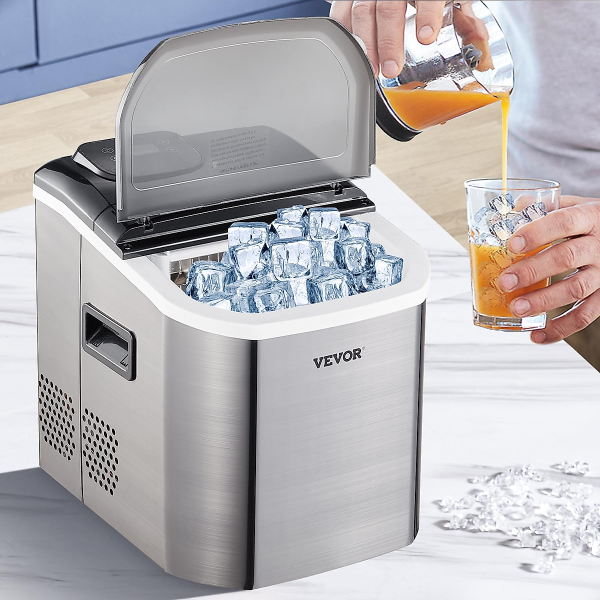 VEVOR Countertop Ice Maker, 40LBS/24H, Stainless Steel Crystal Clear Cube, Portable Ice Making Machine with LCD Display Control Panel and Ice Scoop for Home Bars Parties Commercial Use