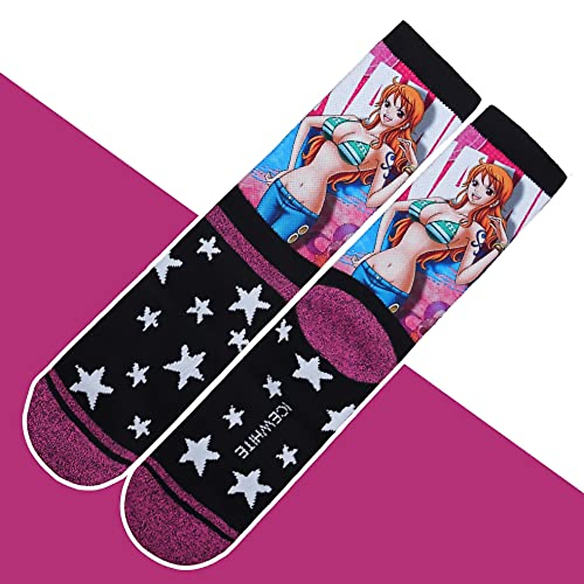 IamaCos One Piece Socks 3 Pack, Anime Patterned Colorful Stretch Athletic Socks Full Cushioned Crew Socks Casual, Unisex, Tony Tony Chopper + Luffy + Nami