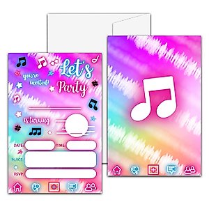Music Theme Birthday Party Invitation,Music Notes Neon Fill-In Invites For Men & Women, 20 Invitations With Envelopes(4" X 6")，Adults Party Favors Decorations And Supplies-06