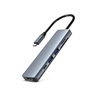 USB C Hub Type C 6 in 1 Hub to 4K HDMI Output, 2 USB3.0 Ports,SD/TF Card Reader with PD2.0 Charge