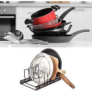 Toplife Pot Lids Organizer Rack for Cabinet and Countertop, 7+ Pan Lids and Bakeware Organizer Rack Holder with 7 Adjustable Compartments - Brown