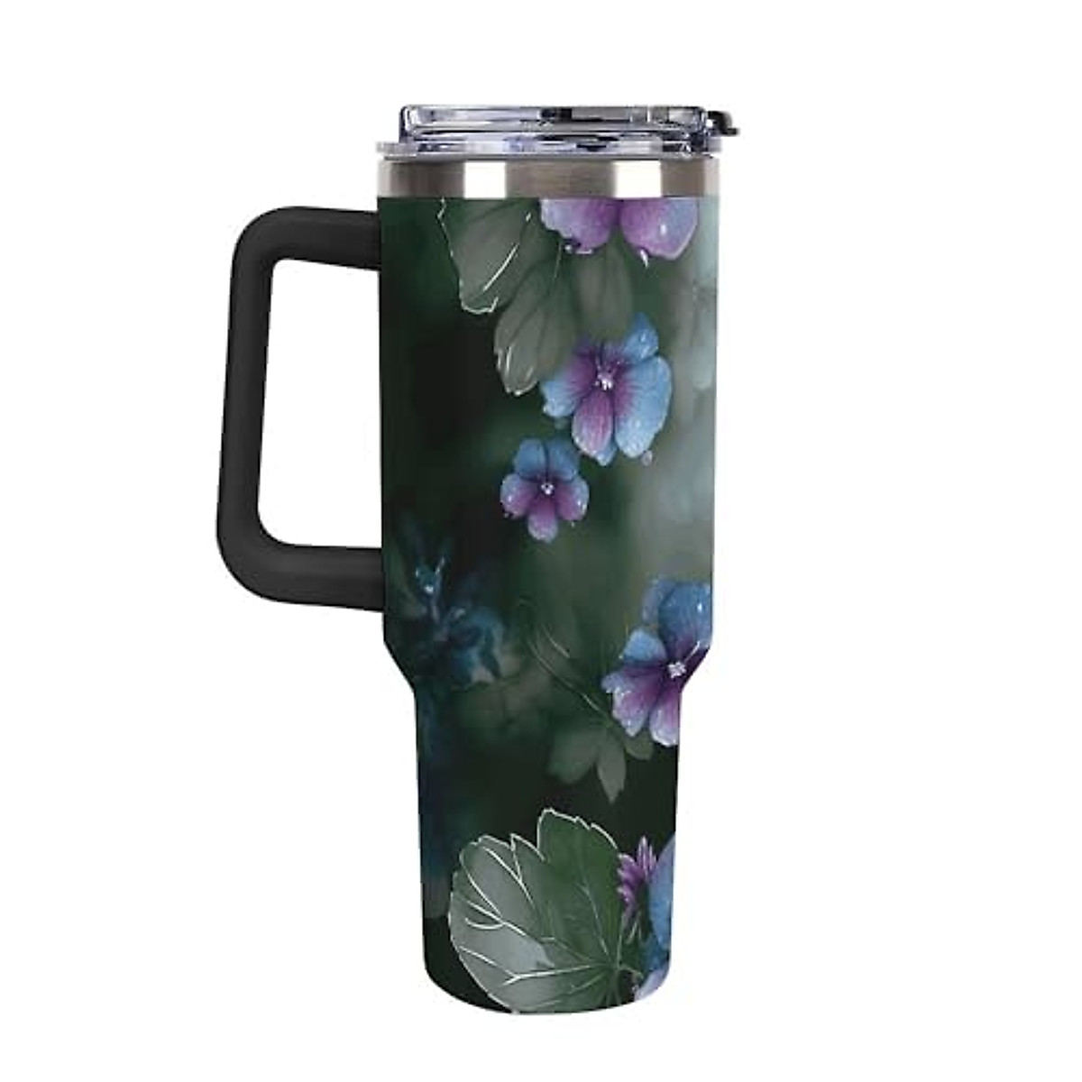 40 Oz Tumbler with Handle Blue Purple Flowers And Green Leaves Stainless Steel Coffee Mug Reusable Travel Mug Leak-proof Insulated Car Cup Large Capacity Tumbler for Travel, Outdoor, Home Use (Black)
