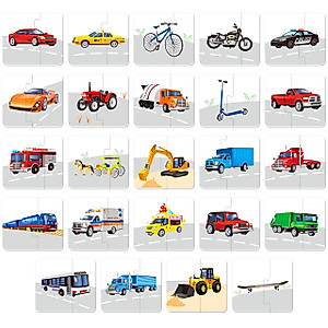 48 Vehicle Matching Puzzles with Error-Correction Mechanism Pre-Primer in 2 Pieces, Perfect for Preschool Learning (24 Blocks Double Sided)