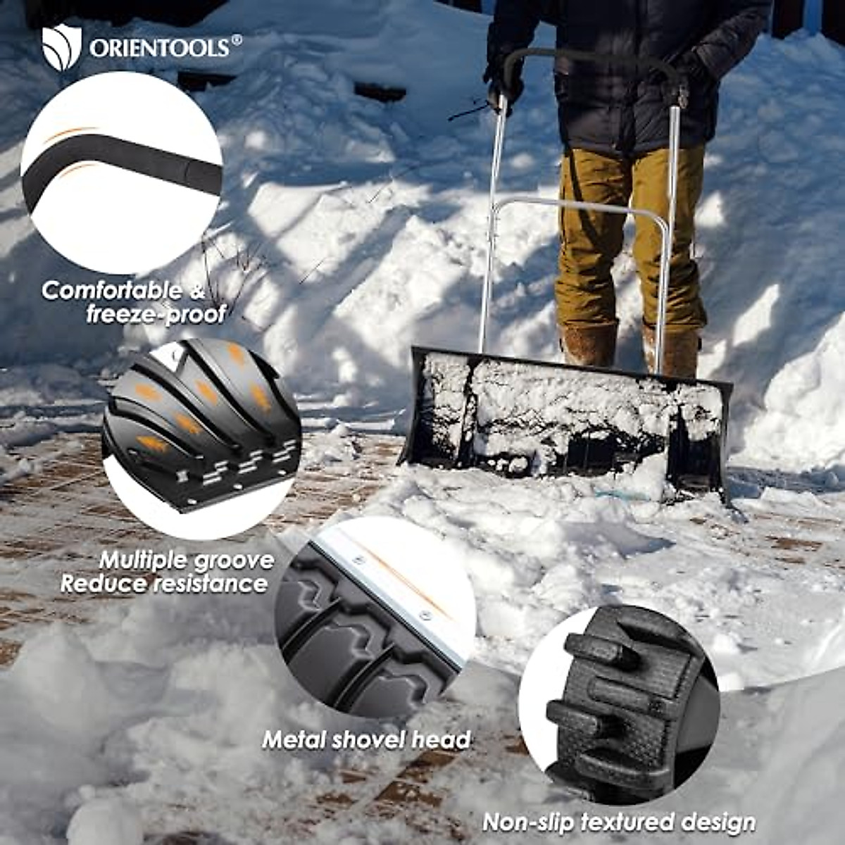 ORIENTOOLS Heavy Duty Snow Shovel, Rolling Adjustable Snow Pusher with 6" Wheels, Efficient Snow Plow Suitable for Driveway or Pavement Clearing (26" Blade)