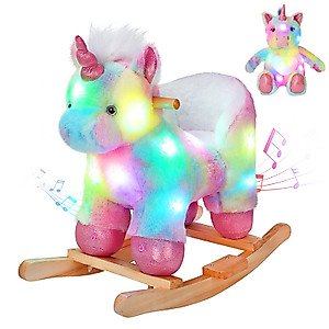Glow Guards Rainbow Unicorn Rocking Horse with Chair Muical Light up Unicorn Stuffed Animal for Ages 1-3 Toddlers Kids Babies Ride Toy Birthday Christmas