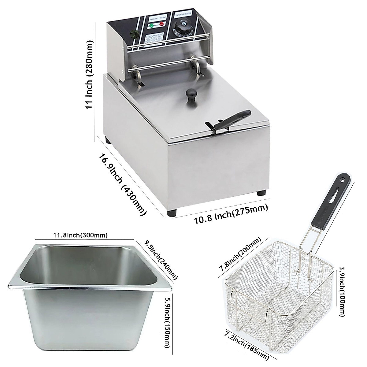 Electric Deep Fryer 6 Liter Stainless Steel French Fries Fryer Pan Economic Type Home Use Party use or Small Commercial Use Counter Top 6QT 110V 120-460°F Chicken Fryer