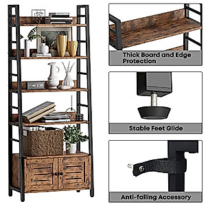 IRONCK Bookshelf with Louvered Doors, 4-Tier Ladder Shelf with Cabinet Industrial Accent Furniture for Bedroom Living Room Home Office, Rustic Brown