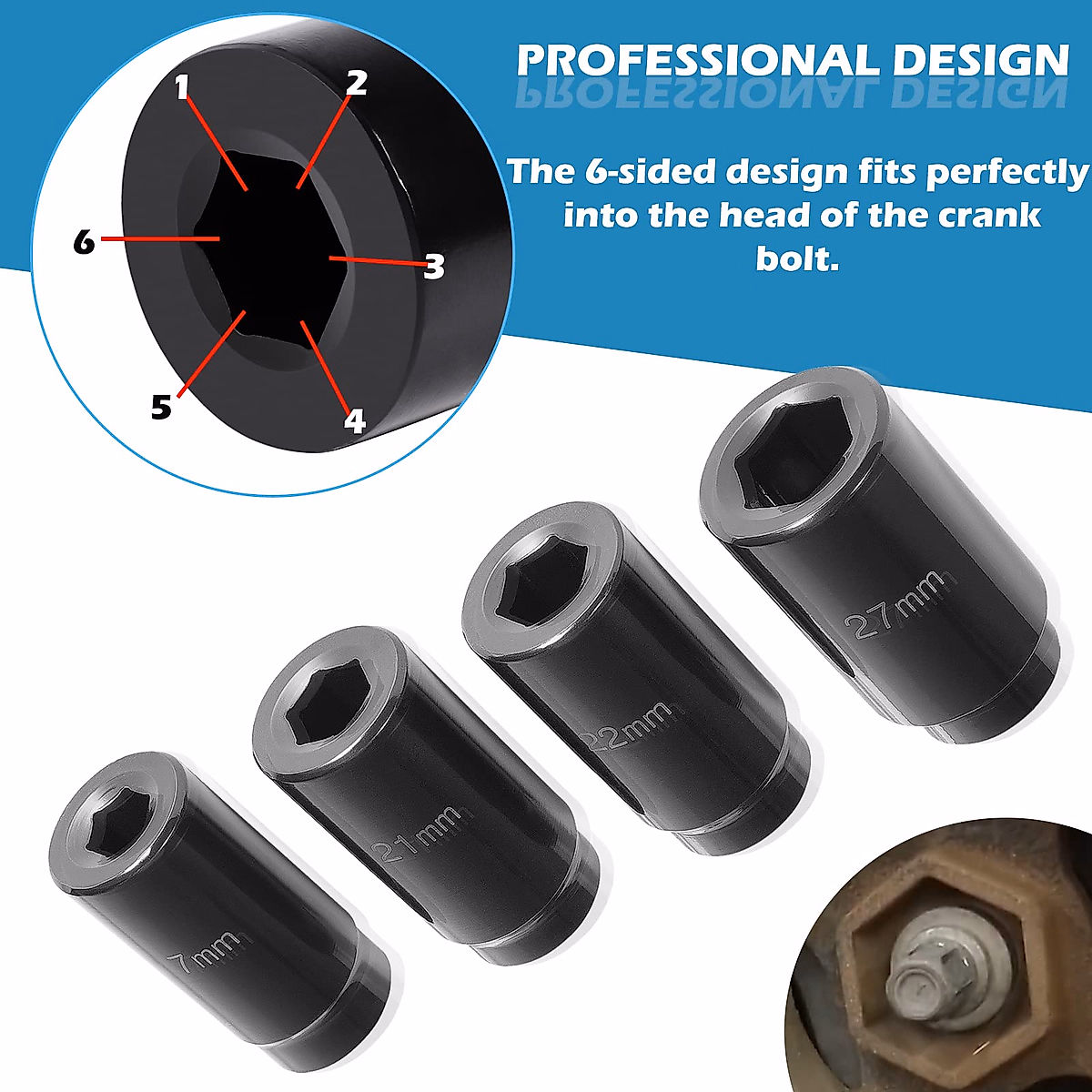 1/2" Drive Crank Bolt Socket Set, 17MM 21MM 22MM 27MM Harmonic Balancer Socket Set, Crank Bolt Removal Tool, 3 Times Momentum Power of Standard Impact Socket Set