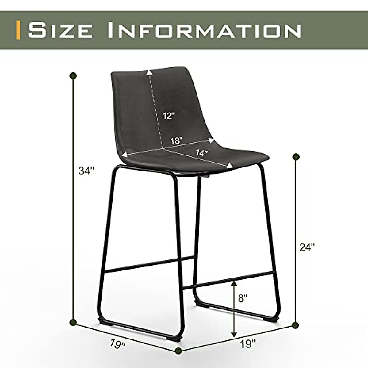 NicBex Retro Bar Stools Crazy-Horse Leather with Metal Legs Barstools, Lounge Kitchen Island Counter Stools, Set of 2, (Grey Color) (A-GE17019-USSU014)