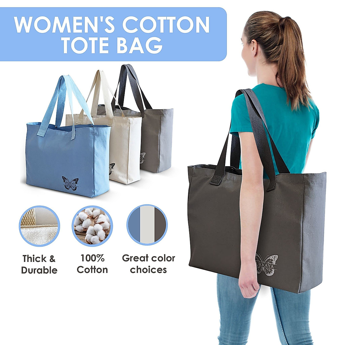 Cotton Canvas Tote Bags for Women, Large Capacity Reusable Shoulder Bag for Grocery Shopping, Travel, Beach, Yoga (Natural)