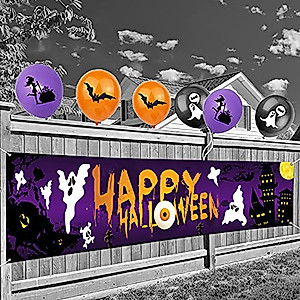 Extra Large Happy Halloween Banner Halloween Party Sign Banner Decorations Halloween Party Balloons Halloween Ghost Yard Sign Decoration Backdrop Photography Backdrop for Halloween Party(118” x 24”)