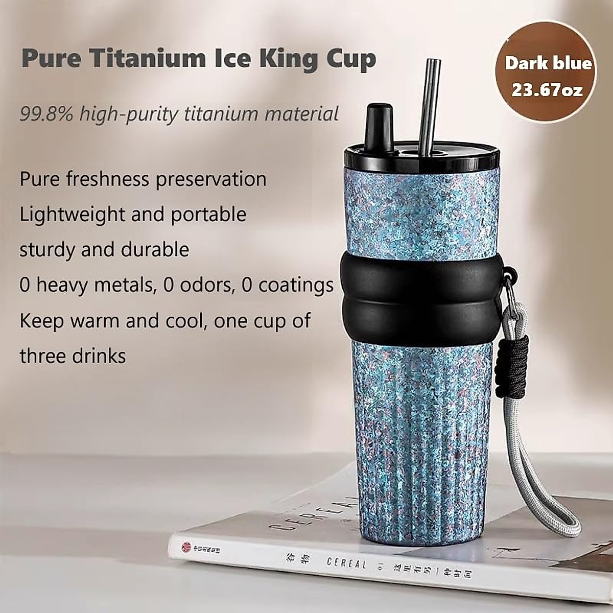 JOEY'S CHOICE 23.67oz/700ml Large Capacity Pure Titanium Double Wall Insulated Tumbler Portable Straw Ice Blaster Car Cup for Milk, Coffee, Water and Juice (Dark Blue)