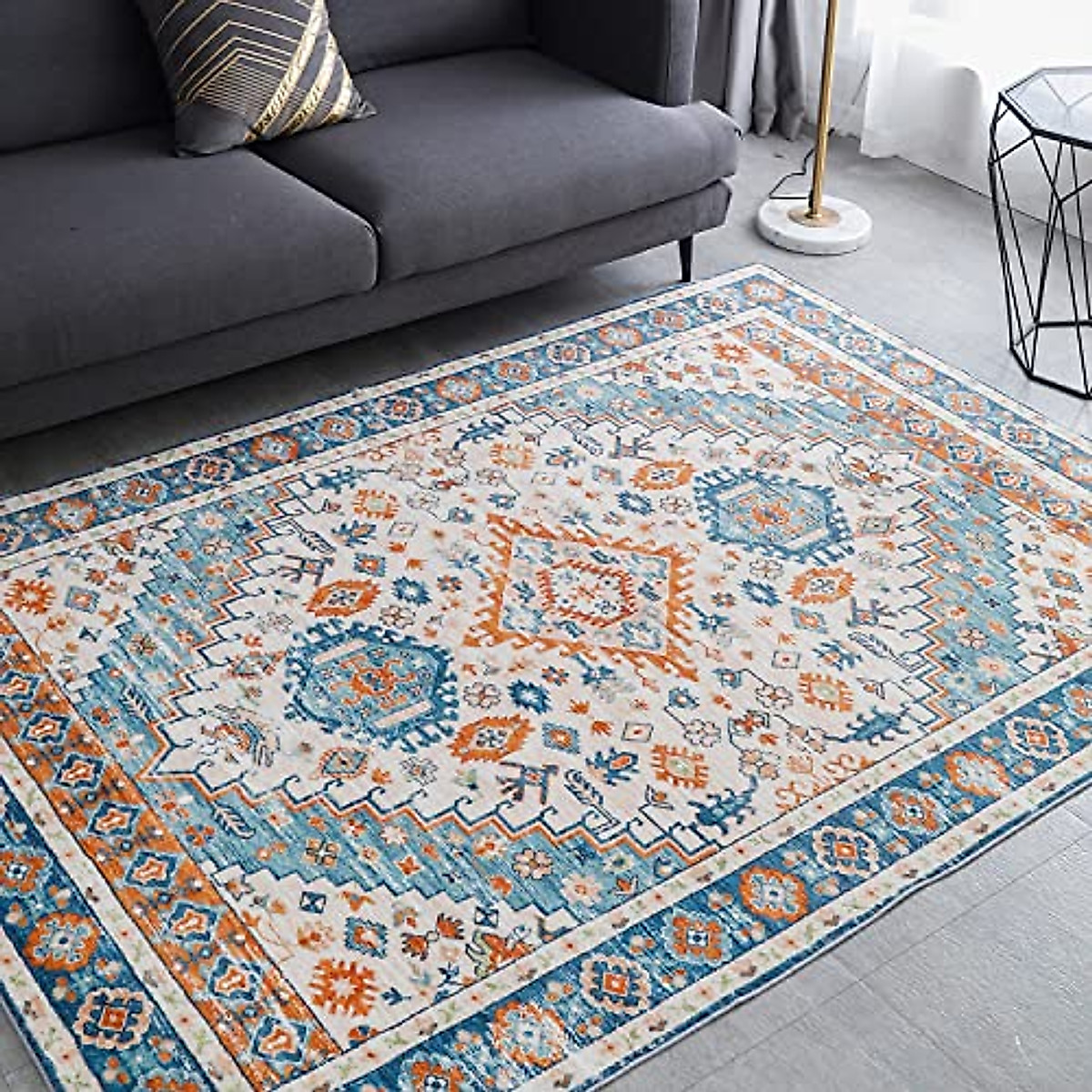 YUFANUHO Bohemian Area Rugs 5x7 Feet Wool Rugs, Low Pile Non-Slip Foldable Boho Medallion Rug with Oriental Stylish Floor Carpet for Living Room Bedrooms, Boho Floral Rug 5x7 Feet