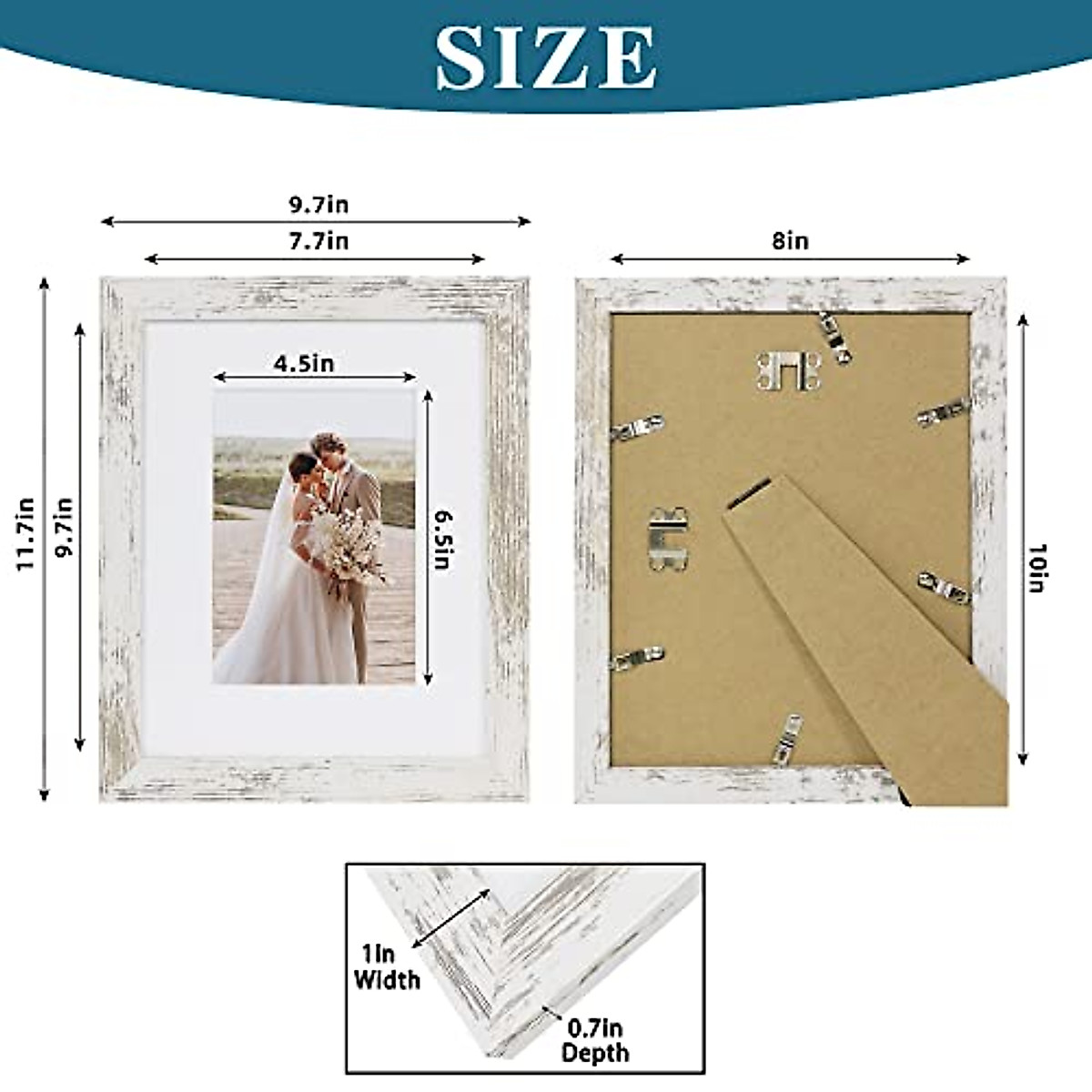 Hongkee 8x10 Picture Frame Set of 4, Made of Real Glass and Distressed White Frame, 8 by 10 for Wall or Tabletop - Display 5x7 with Mat or 8x10 Picture Without Mat