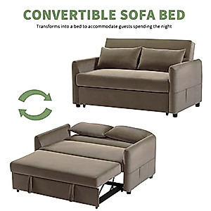 Aoowow Convertible Sleeper Sofa Bed 57 Inches, Velvet 2 Seats Sofa with Pull Out Bed,Loveseat Sofa Couch with Adjustable Backrest, 2 Pillows Side Pocket for Living Room Small Apartment (Light Brown)
