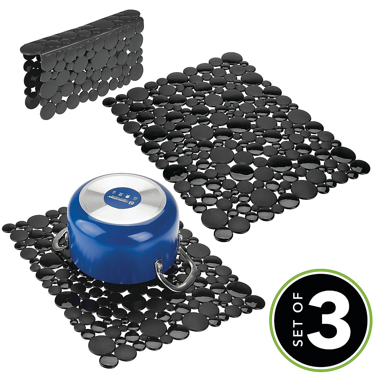 mDesign Decorative Kitchen Plastic Sink Protector Set, Quick Draining - Protect Surfaces and Dishes - Modern Bubble Design - Includes 1 Saddle, 2 Large Mats - Set of 3 - Black