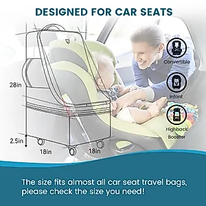 RUCYEN Rolling Car Seat Travel Bag, Padded Carseat Travel Backpack for Airplane,Large Durable Travel Bag with 4 Wheels,Adjustable Shoulder Strap and Waterproof Base Dark Grey