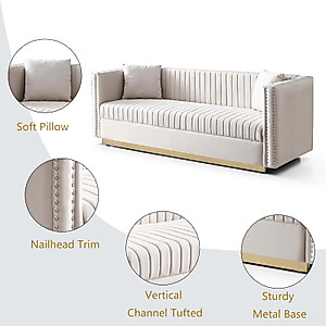 Homtique Velvet Couch, Modern Vertical Channel Tufted Comfy Sofa Couch with Nailhead Trim Square Arms and 2 Pillows, 3 Seater Couchs for Living Room, Apartment(Beige)