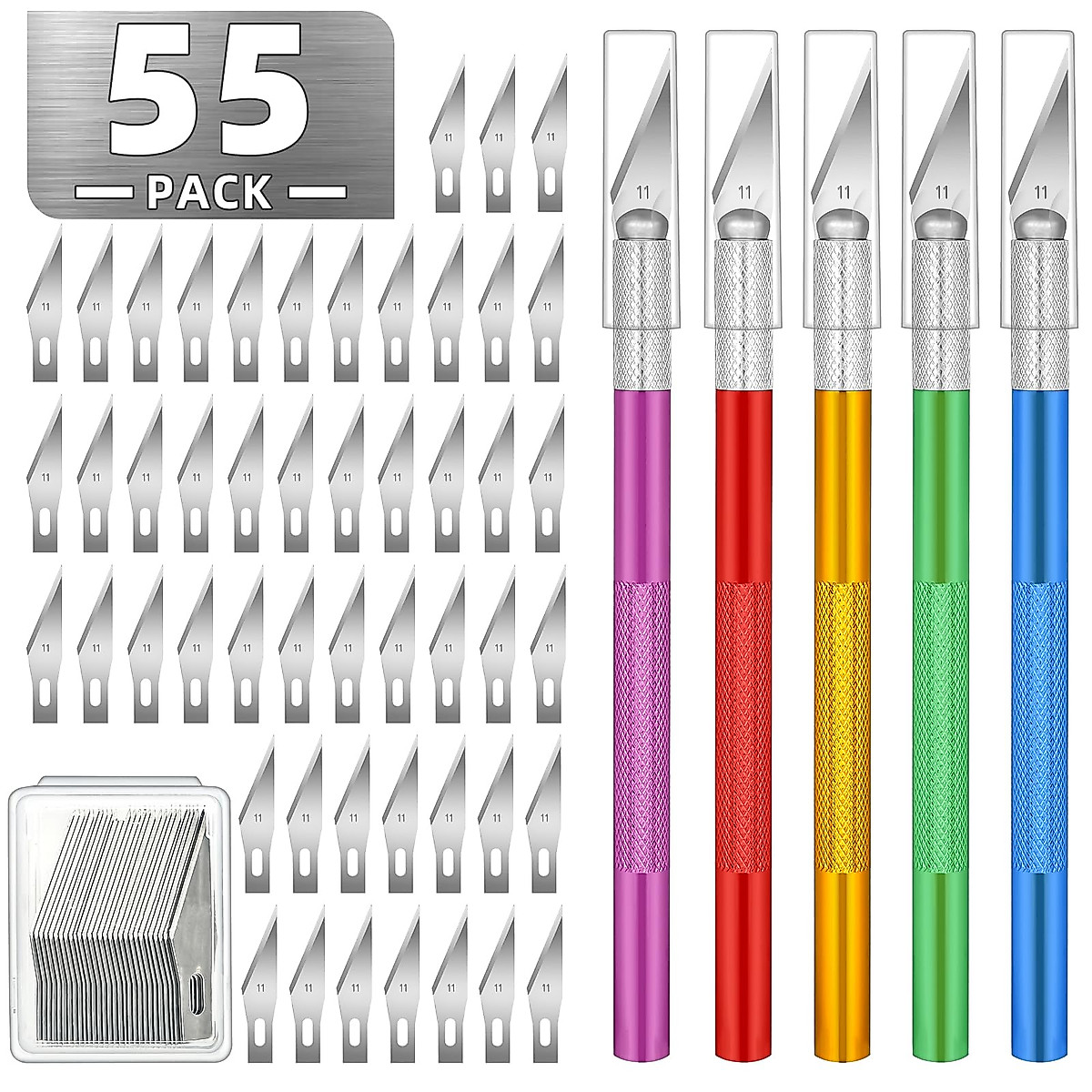55 Pack Exacto Knife, Hobby Knife Set with 5 Craft Knives and 50 Precision Knife Blades(#11) for Art,Scrapbooking,Carving, DIY, Cutting, Stenciling by EGYPAMID