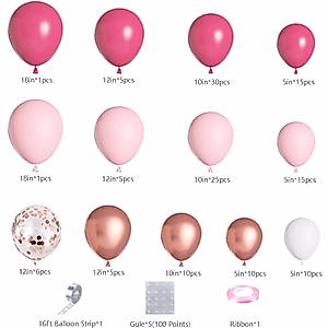 138pcs Pink Balloon Arch Garland Kit with Different Size Pastel Hot Pink White Metallic Rose Gold Confetti Balloons for Birthday Baby Shower Princess Theme Wedding Valentine's Party Decorations