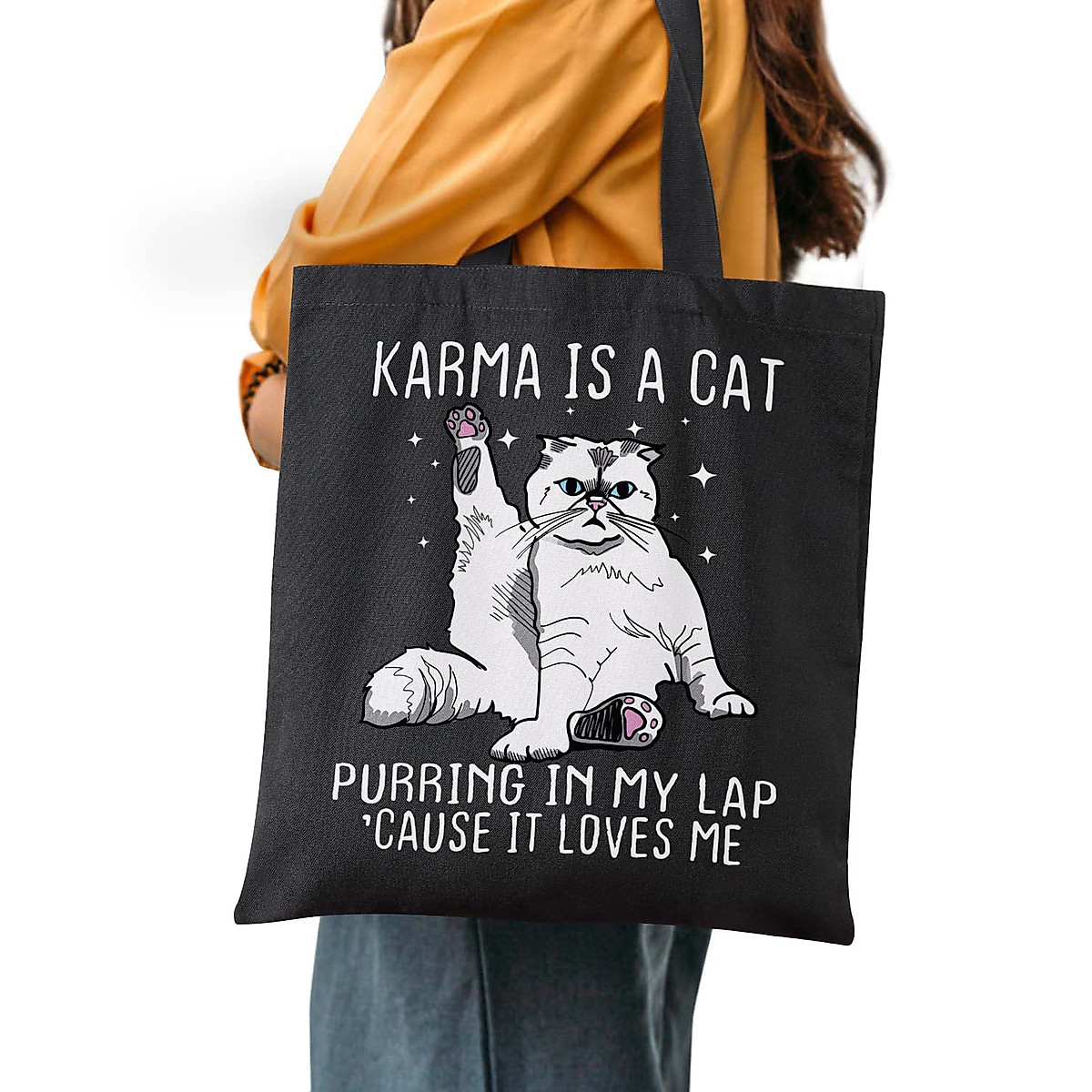 AUSVKAI Cute Tote Bag for Women, Totes Bag Gift-Karma is A Cat for Grocery Beach